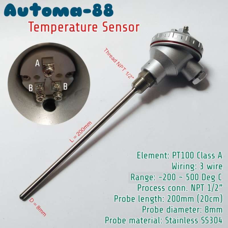 Promo Industrial Temperature Sensor Rtd Pt100 3 Wire Npt 1/2 200mm ...