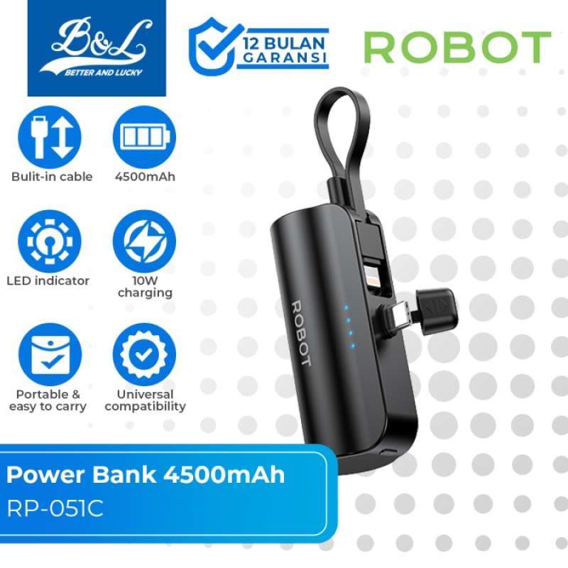 Promo Robot Rp-051c Power Bank Mini 4500mah Port Type-c Built-in Cable Lightning 10w Diskon 36% ...