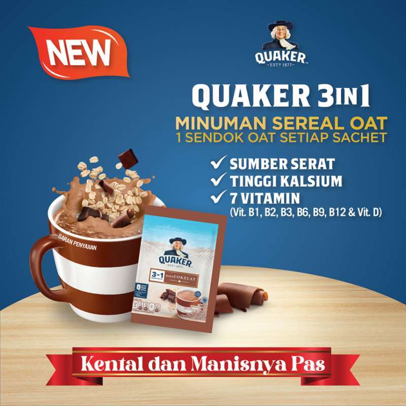 Promo Quaker Oatmeal 3in1 Chocolate 224g / Minuman Sereal Oats (isi 8 Sachet) Diskon 50% Di ...
