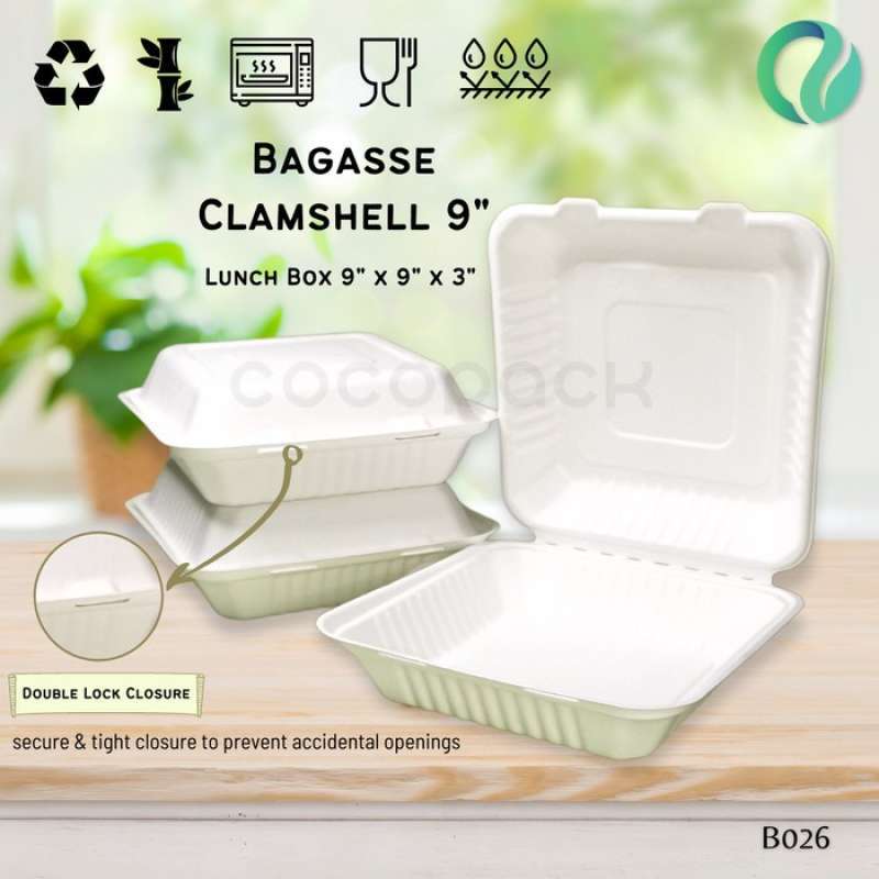 Jual Bagasse Clamshell 9 Inch White Lunch Box Food Container 25 Pcs Di ...