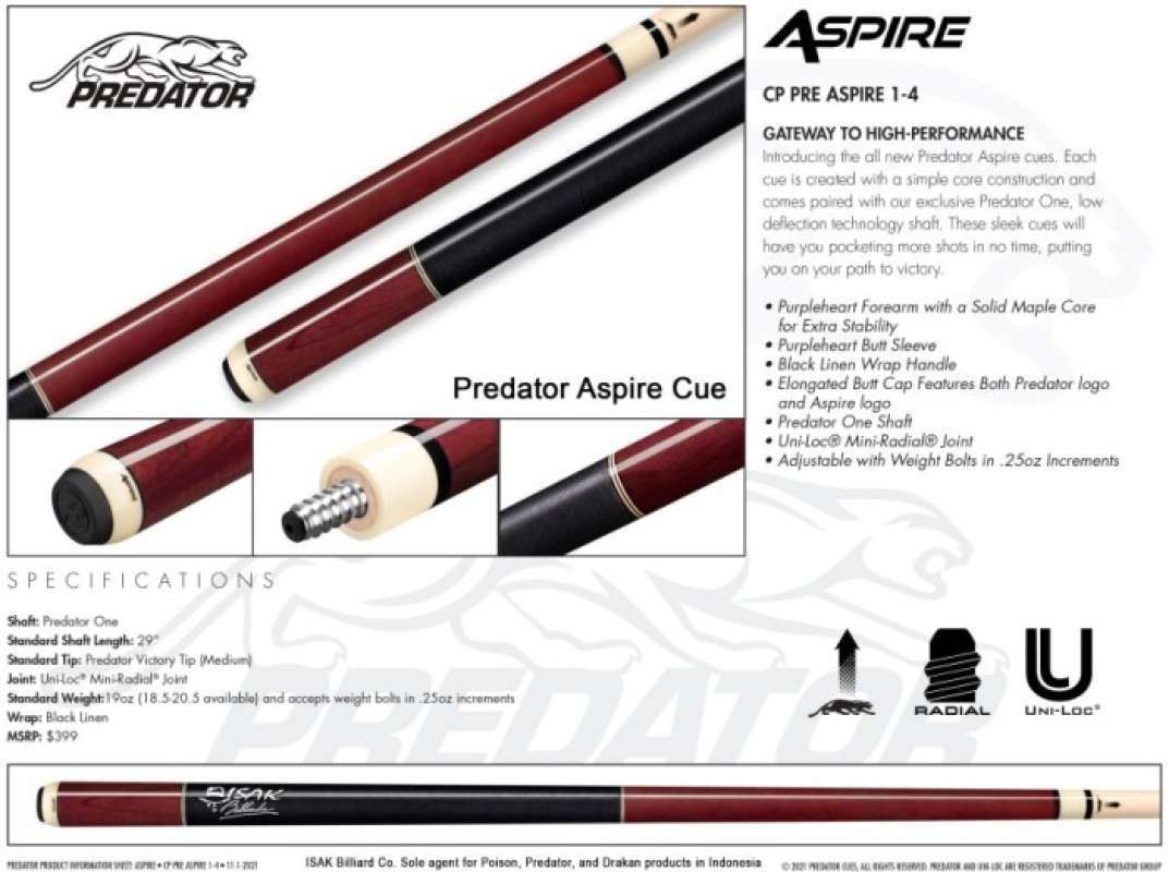 Jual Predator Aspire 1-4 Pool Cue | Low Deflection Radial Stick ...