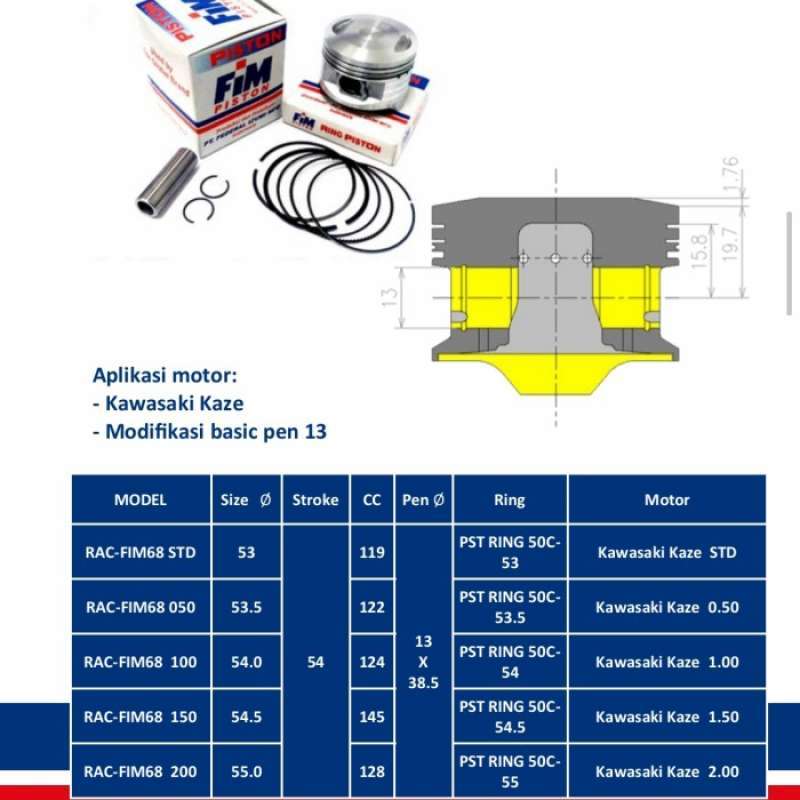 Jual Piston Kit Fim 68 Kaze Modifikasi Basic Pin 13 Ukuran 53 54 55 ...