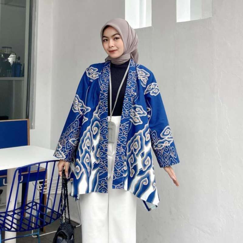 Jual Batik Trusmi Atasan Wanita Outer Batik Mega Mendung Pj Citra Biru ...