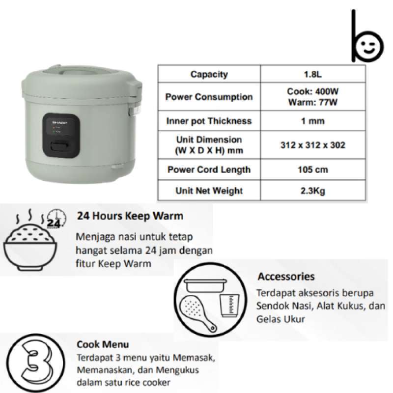 Jual Sharp Ksb18mggr - Rice Cooker 1.8l Cook 400w, Warm 77w, Green ...