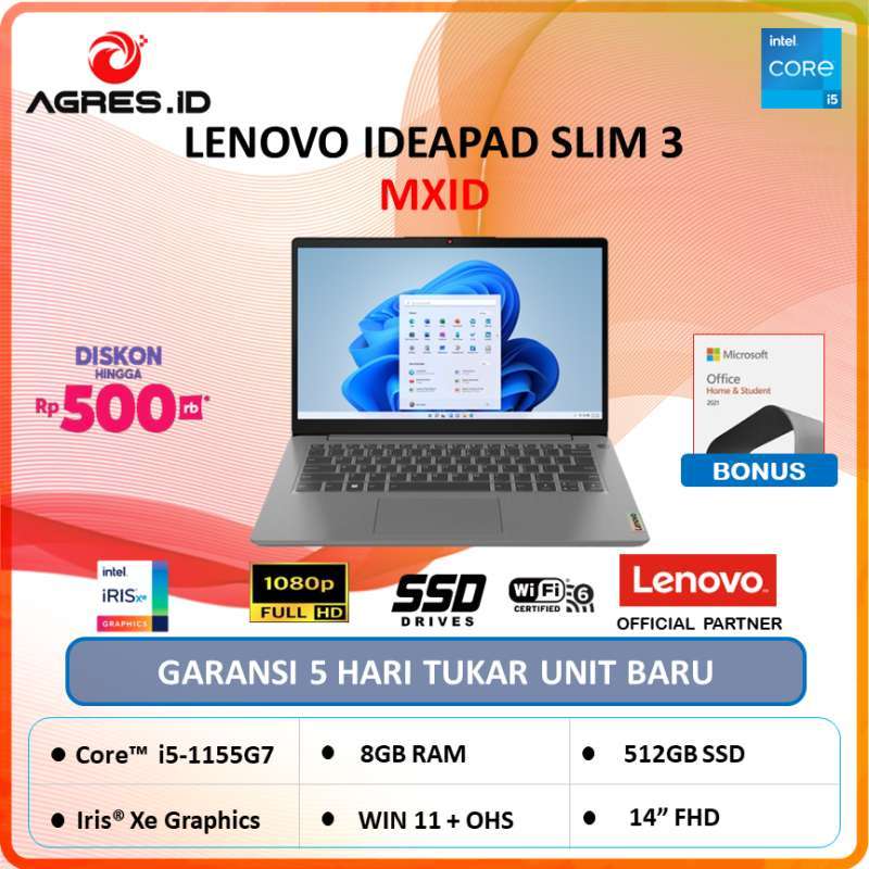 Jual Lenovo Ideapad Slim 3i 14 Mxid - I5 1155g7 8gb 512ssd Irisxe Win11 Ohs 14.0 Fhd Arctic Grey ...