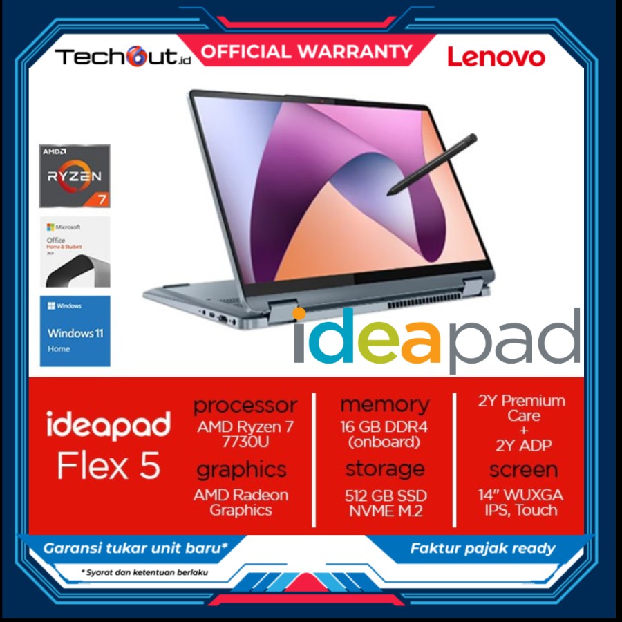 Jual Lenovo IdeaPad Flex 5 14ABR8 Ryzen 7 7730U 16GB 512GB W11+OHS di Seller TECHOUT - Tomang ...