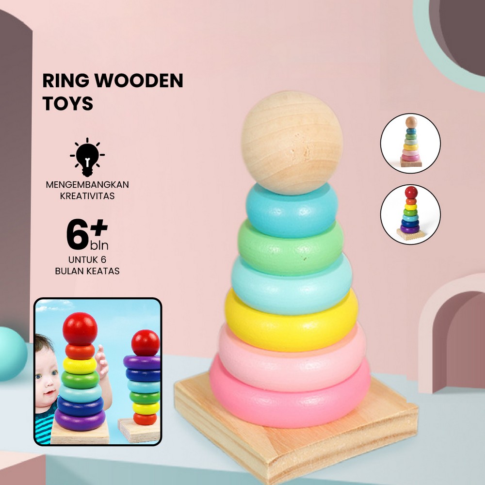 Promo OEM ONE-M329 Mainan Anak Ring Donat Kayu Susun Rainbow Unisex ...