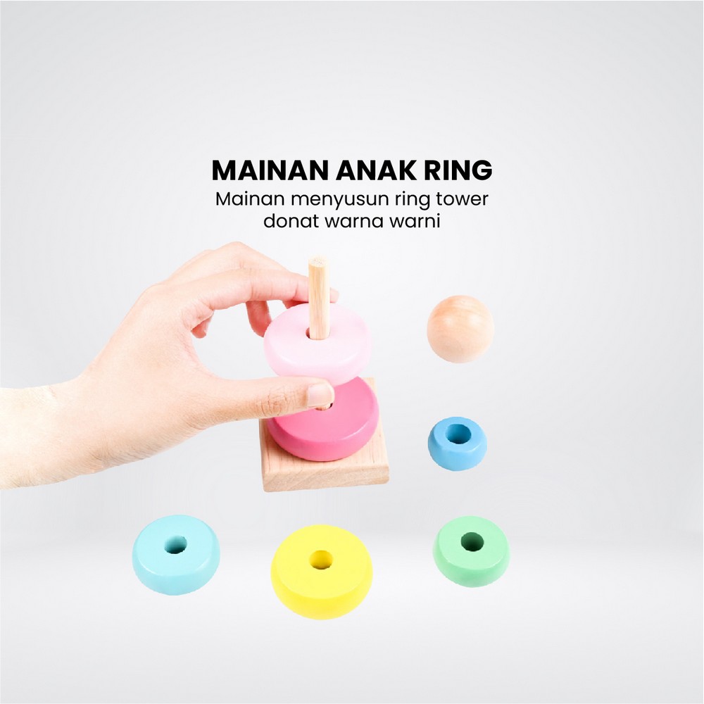 Promo OEM ONE-M329 Mainan Anak Ring Donat Kayu Susun Rainbow Unisex ...