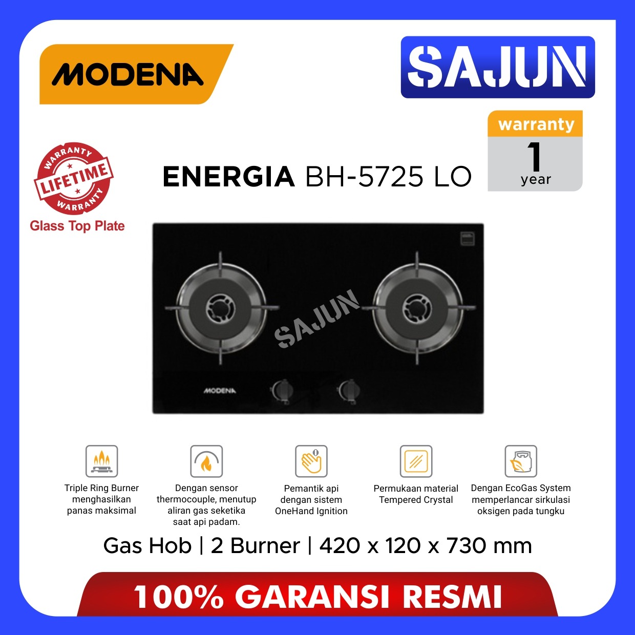 Promo Modena Kompor Gas Tanam 2 Tungku 70cm BH5725LO Built-In Gas Hob ...