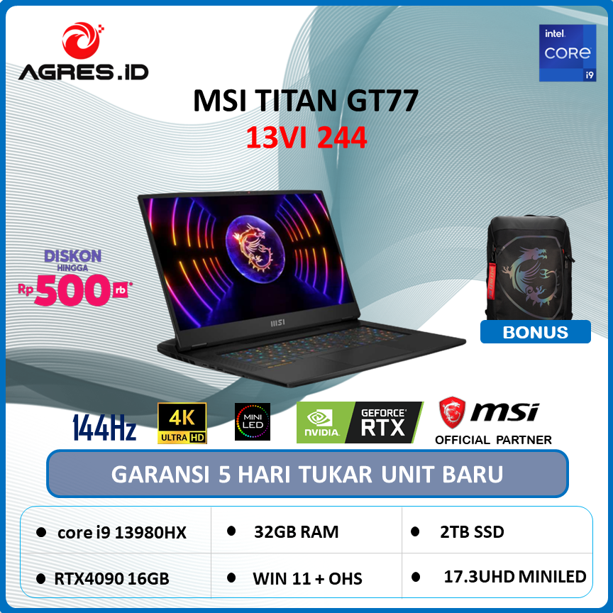 Promo MSI TITAN GT77 13VI 244 - I9 13980HX 32GB 2TB RTX4090 16GB 17.3UHD MINILED 144HZ WIN11 OHS ...