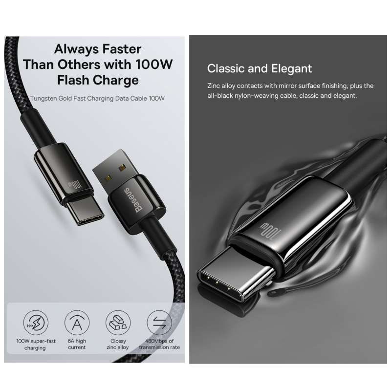 Promo BASEUS Kabel Data USB Type-C 100W Black TUNGSTEN GOLD Fast ...