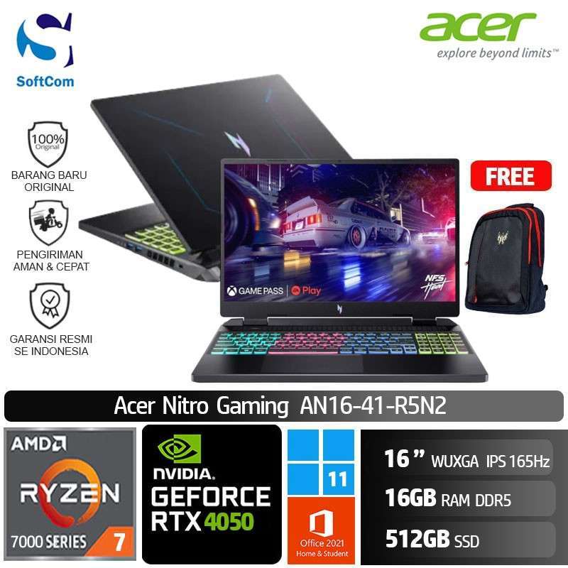 Promo Acer Nitro 16 An16 41 R5n2 Laptop Gaming [ryzen 7-7735hs/16gb ...