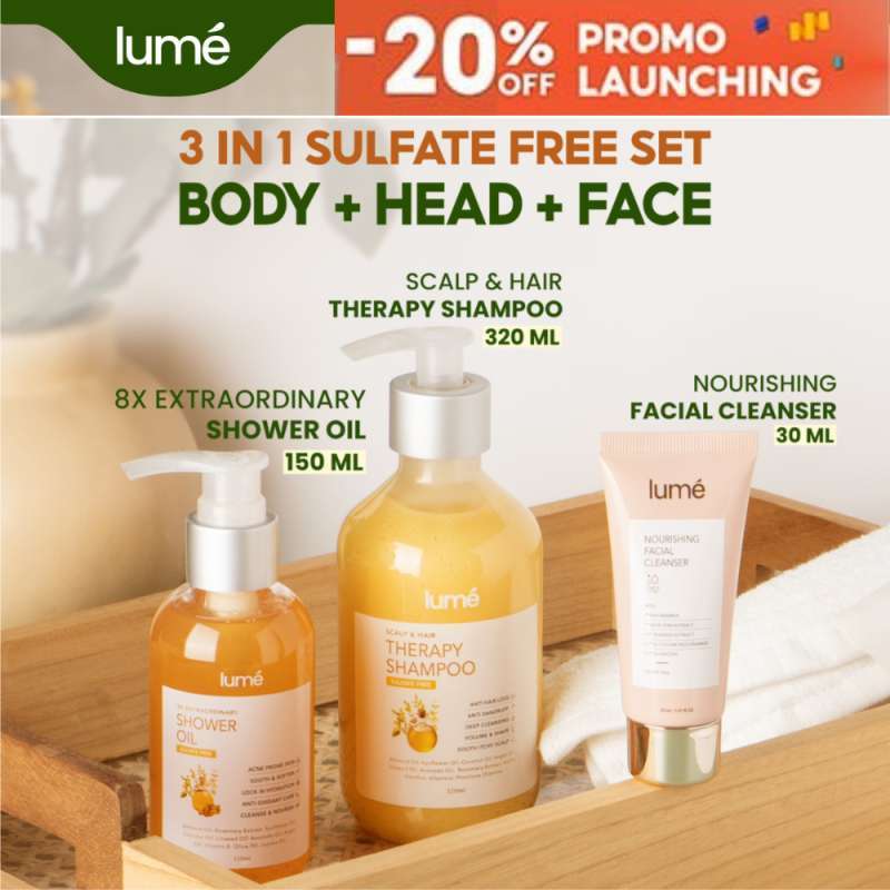 Jual LUME PAKET 3 IN 1 SHAMPOO SHOWER OIL FACIAL CLEANSER LUMECOLORS ...