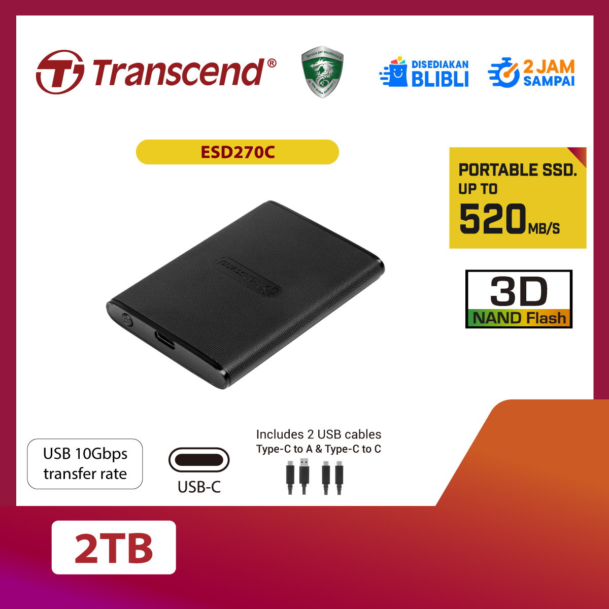 Promo Transcend 2tb, External Ssd, Esd270c, Usb 3.1 Gen 2, Type C ...