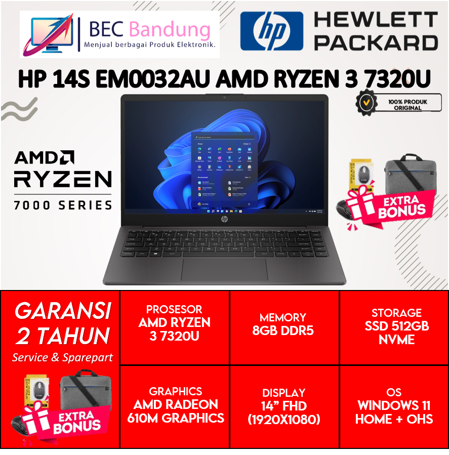 Jual Laptop HP 14S Amd Ryzen 3 7320U RAM 8GB DDR5 SSD 512GB FHD Amd Radeon 610M - HP 14S ...