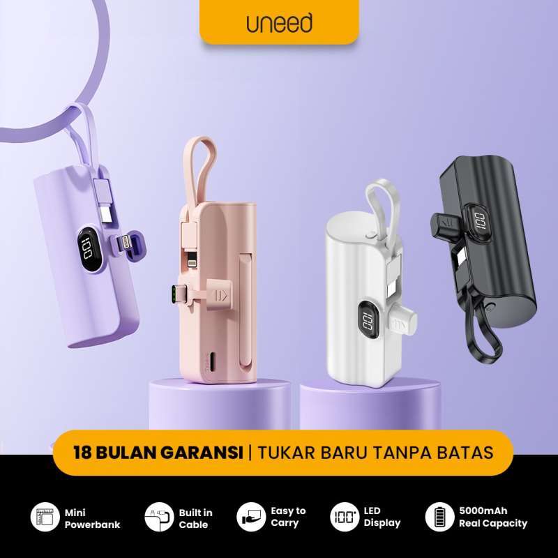 Promo Uneed Minibox A5 5000mah Powerbank Mini Lightning Type C Built In Cable - Upb408 ...