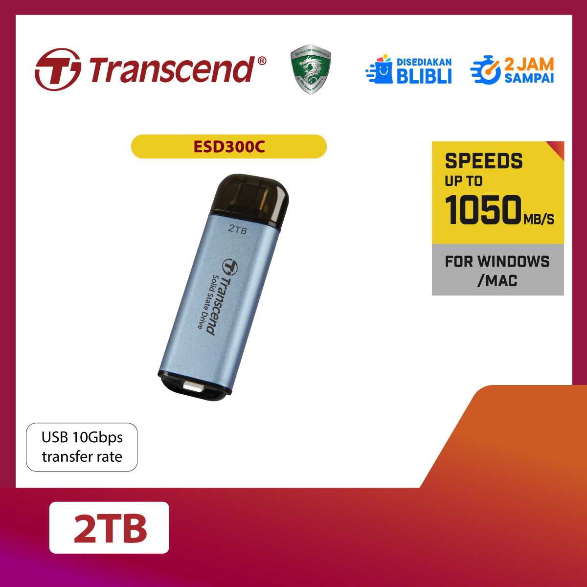 Promo Transcend 2tb Portable Ssd Esd300c Otg Usb-c Sky Blue Ts2tesd300c ...