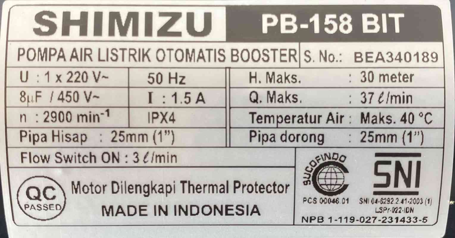 Jual Shimizu Pb 158 Bit Pompa Air Booster Otomatis - Kabel Di Seller ...