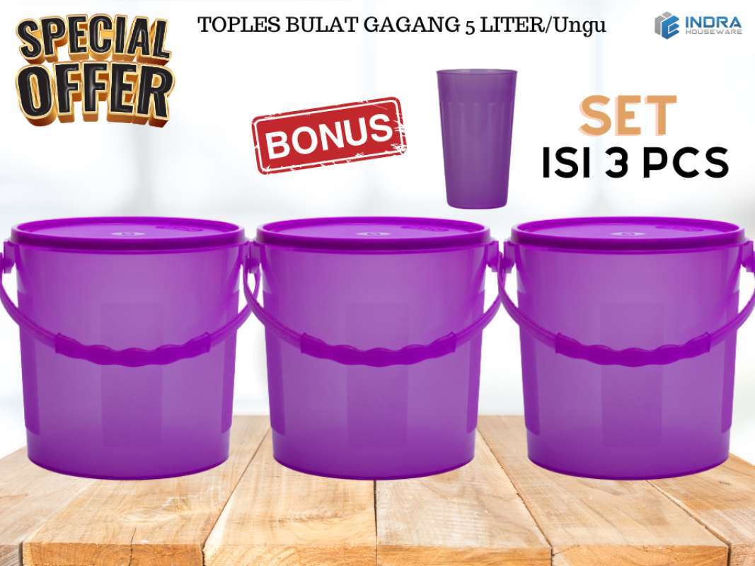 Promo Indra Set Toples Plastik Bulat Volume 5liter/ Isi 3 Pcs Bonus 1pcs Gelas Ice Tea 450ml ...