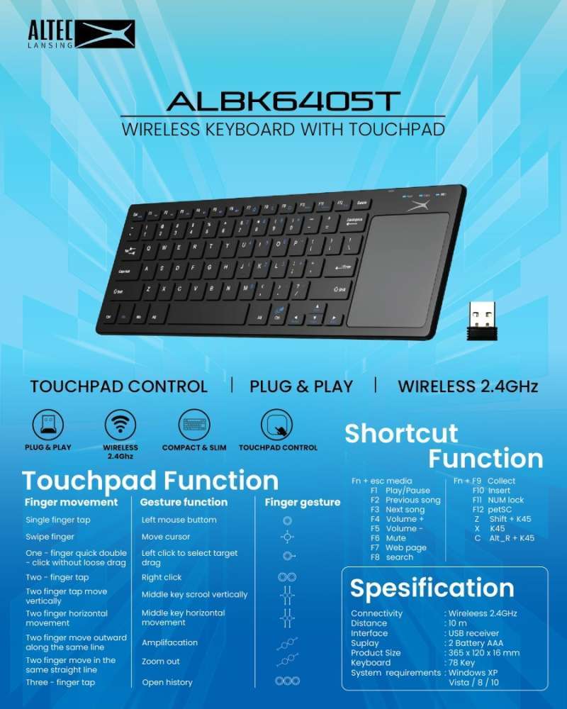 Jual Altec Lansing Keyboard Wireless Slim with Touchpad ALBK6405T di ...
