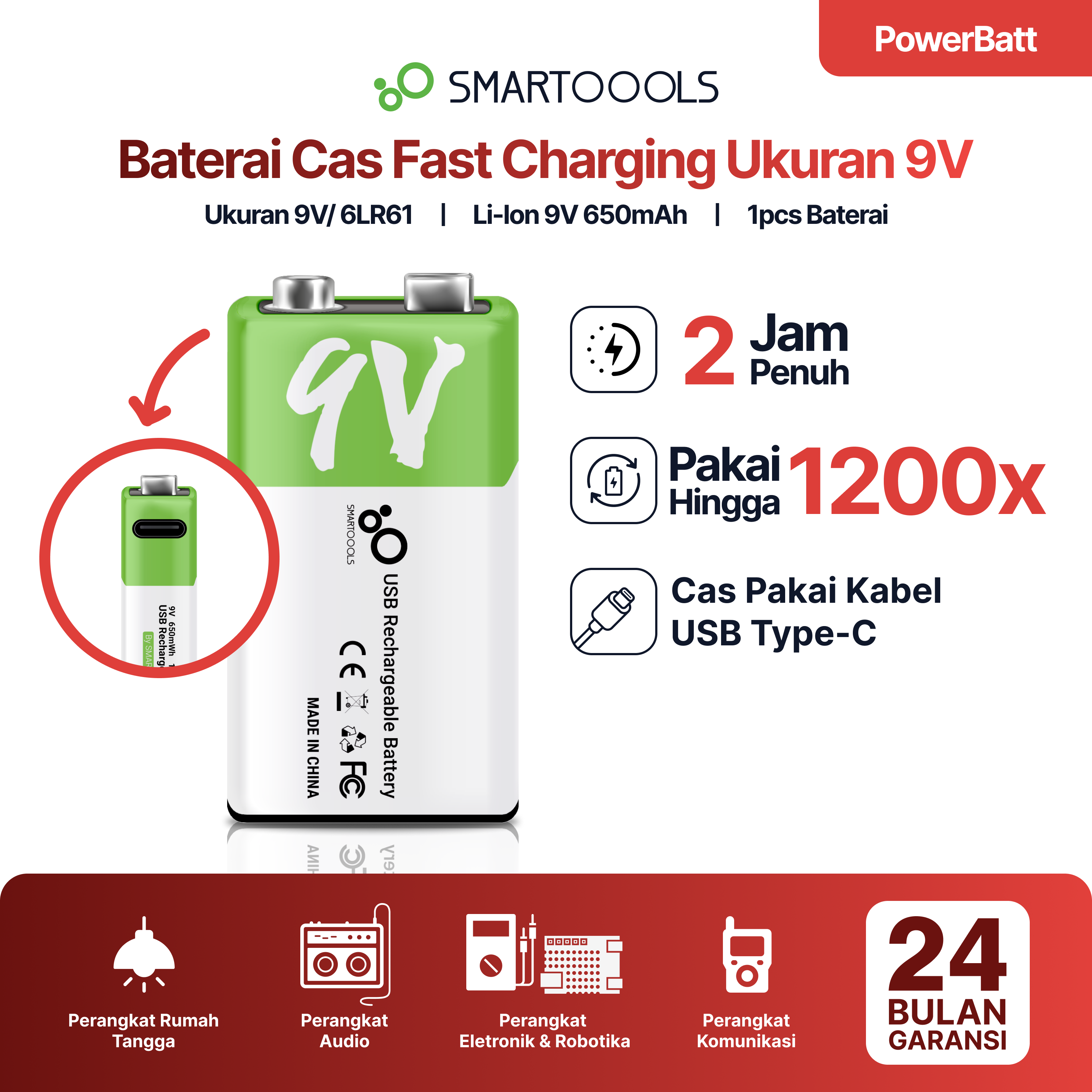 Promo Baterai Cas Isi Ulang Smartoools PowerBatt Ukuran Voltase 9V ...