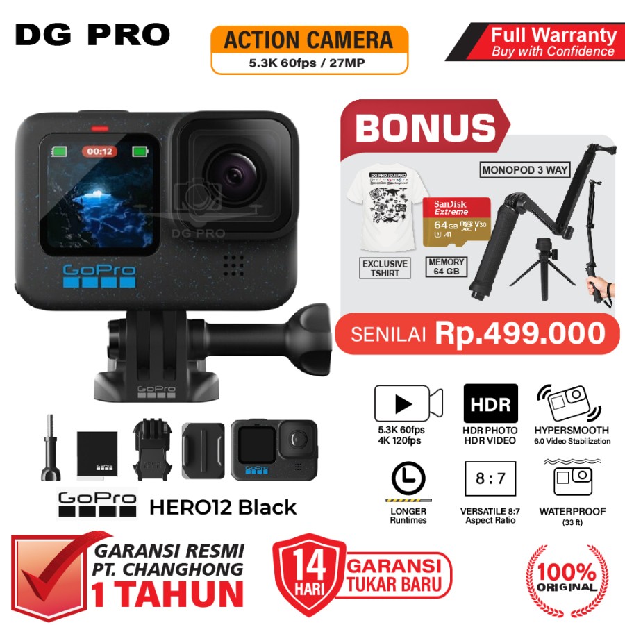 Promo Gopro Hero 12 Black Action Camera Go Pro Hero12 + Dual Battery ...