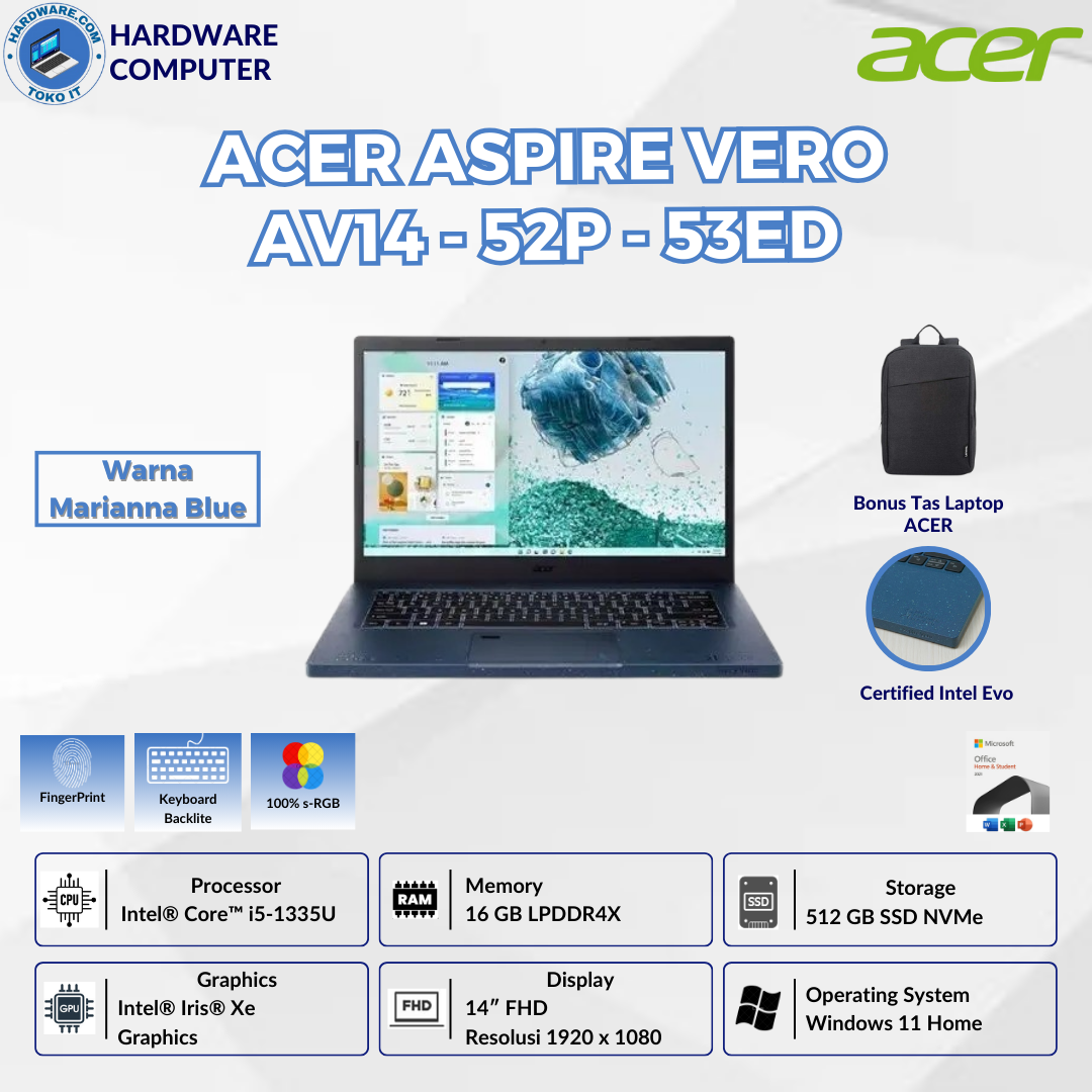 Jual Acer Aspire Vero Av14 52p 53ed I5 1335u Evo/16gb/512gb Ssd/14 Fhd ...