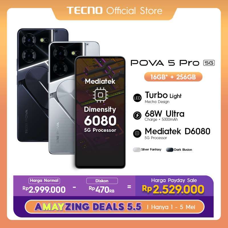 Jual Tecno Pova 5 Pro 5g – Dimensity 6080 5g, 8+8gb*+256gb, 68w Super ...