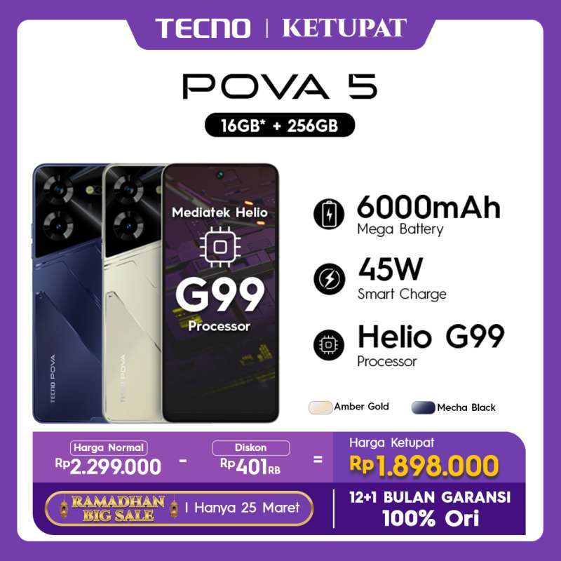 Jual Tecno Pova 5 - 8+8gb*+256gb, Helio G99,45w Flash Charging+6000mah, 120hz+6,78 Fhd, Hard ...