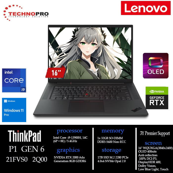 Promo Lenovo Thinkpad P1 Gen 6 2Q00 || Intel Core i9-13900H RTX 2000 8GB 32GB 1TB SSD Windows 11 ...