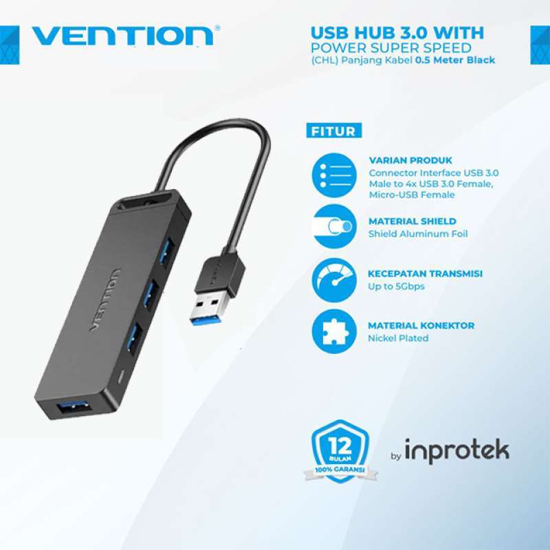 Jual Vention Chl Usb Hub 4 Port Usb 3.0 With Micro Usb Power Supply Black & Grey - 0.5m Black Di ...