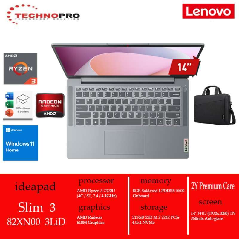 Promo Lenovo Ideapad Slim 3 14amn8 3lid Amd Ryzen 3 7320u Vga Radeon 610m 8gb 512gb Ssd