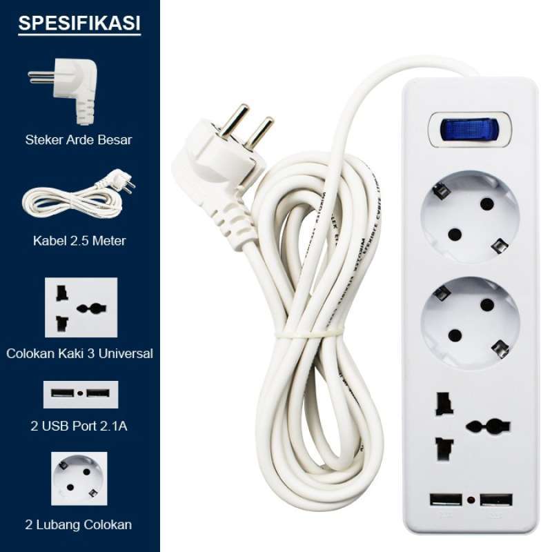 Jual Stop Kontak Kabel 2 Lubang + Colokan kaki 3 / Colokan Listrik Usb ...