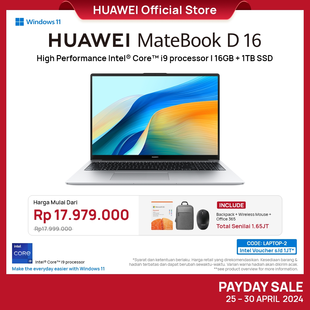 Jual Huawei Matebook D 16 Laptop | 16gb + 1tb | Up To Intel Core I9 ...