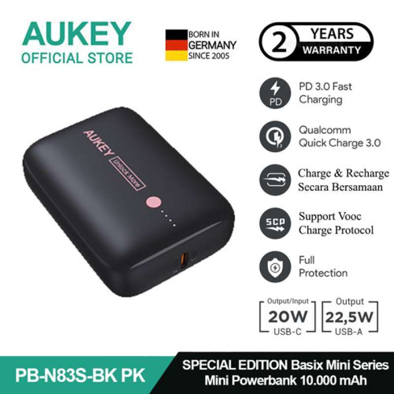 Jual AUKEY Powerbank 10000mah PB-N83S-BK VOOC USB C 22.5W PD 3.0 Slim - BlackPink di Seller ...
