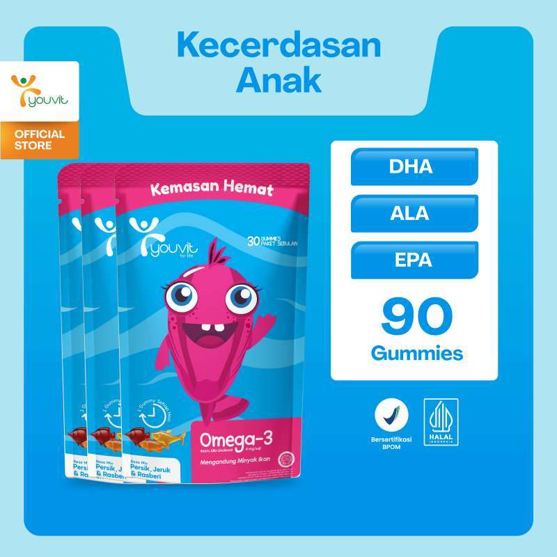 Promo Youvit Omega-3 Anak Pouch 90 Hari dengan DHA, EPA, ALA GRATIS Stiker untuk Otak & Mata ...