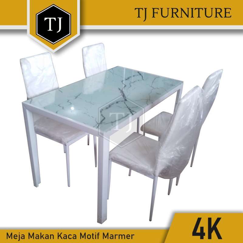 Jual Set Meja Makan Kaca Motif Marmer Kaki Besi Dan 4 Kursi / Marble ...