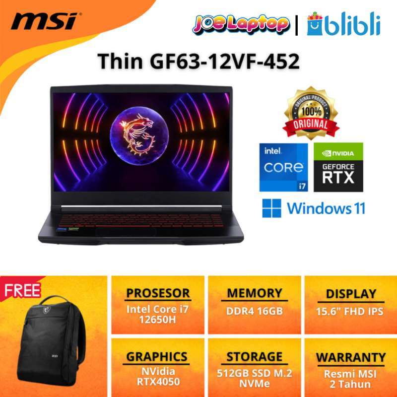 Jual Msi Thin Gf63-12vf-452 Black I7 12650h Win11 Di Seller Joe Laptop - Baratajaya, Kota ...