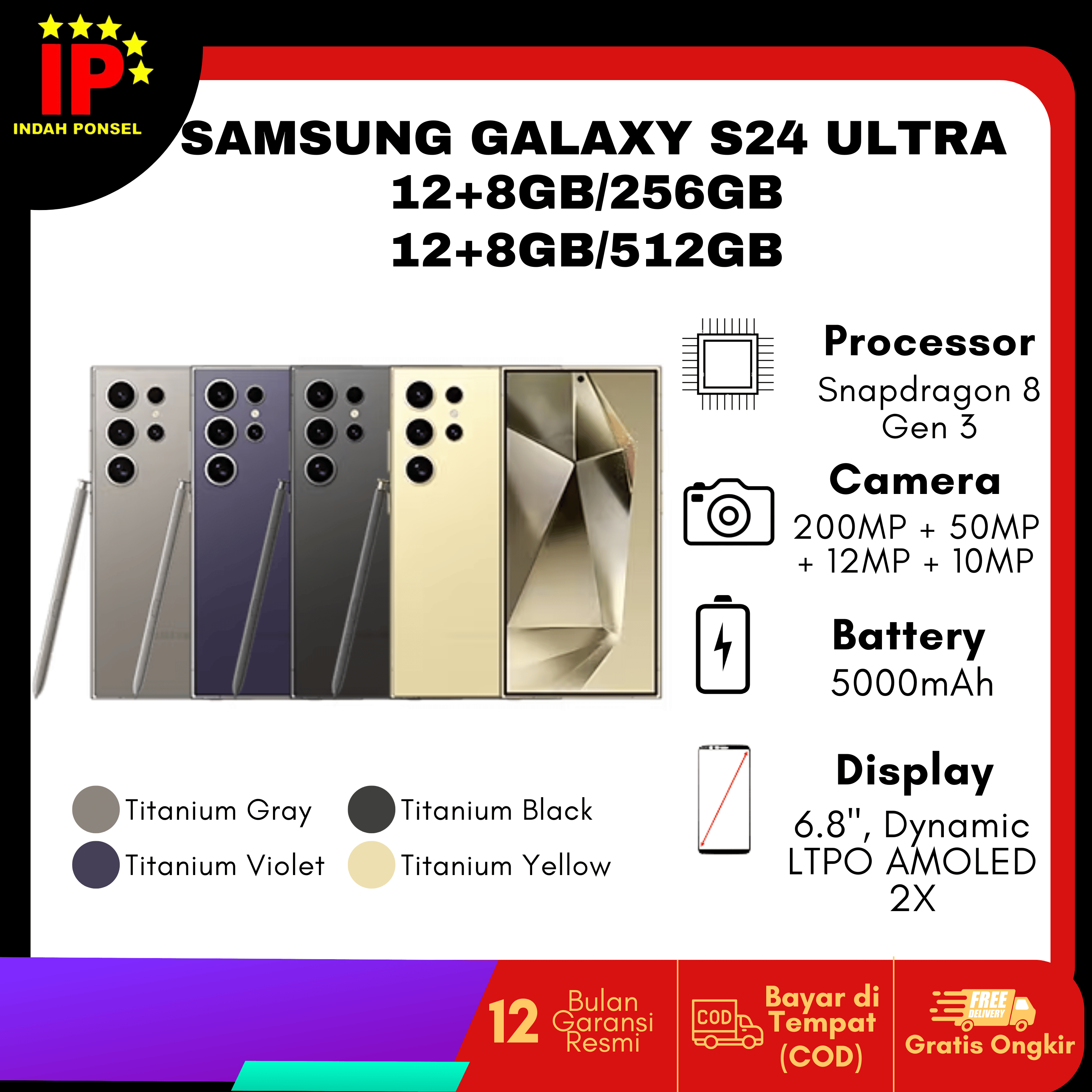 Jual SAMSUNG GALAXY S24 ULTRA 5G RAM 12GB/256 GB & 12GB/512 GB GARANSI RESMI NASIONAL - 512GB ...