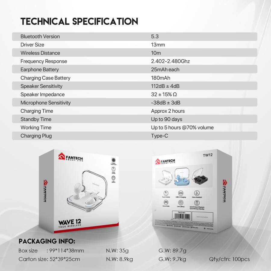 Jual Fantech Tws Bluetooth Wireless Wave 12 Tw12 Built-in Microphone ...