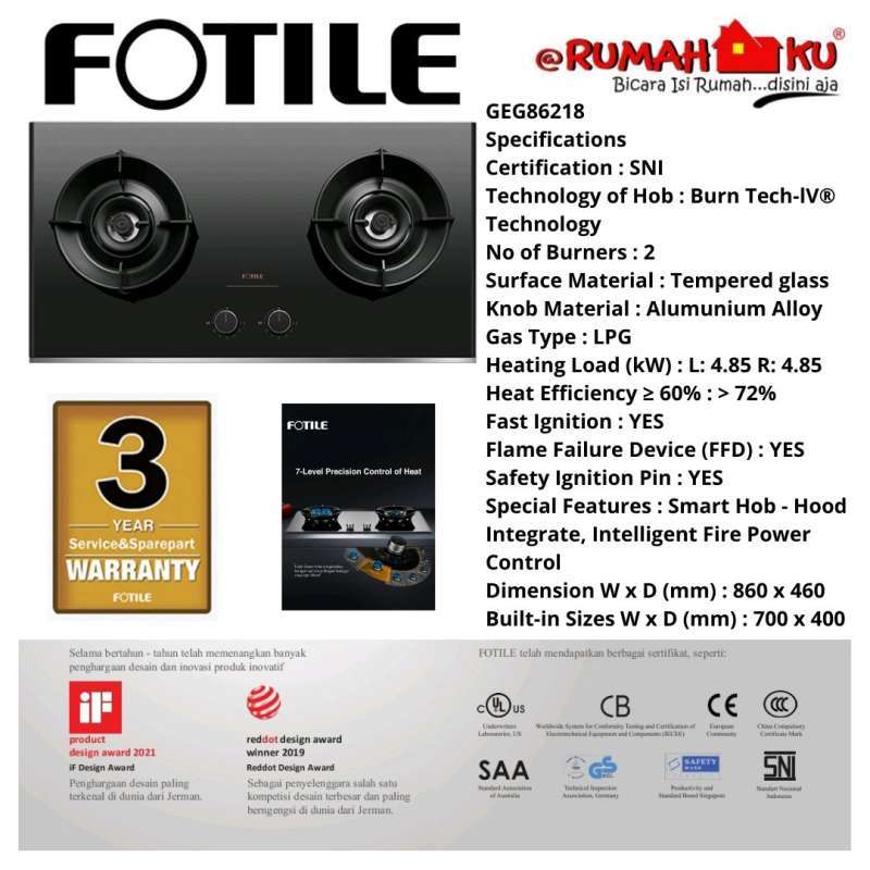 Promo Fotile Smart Integrated Built In Hob Geg86218 Black Glass Kompor Tanam 2 Tungku Bisa ...