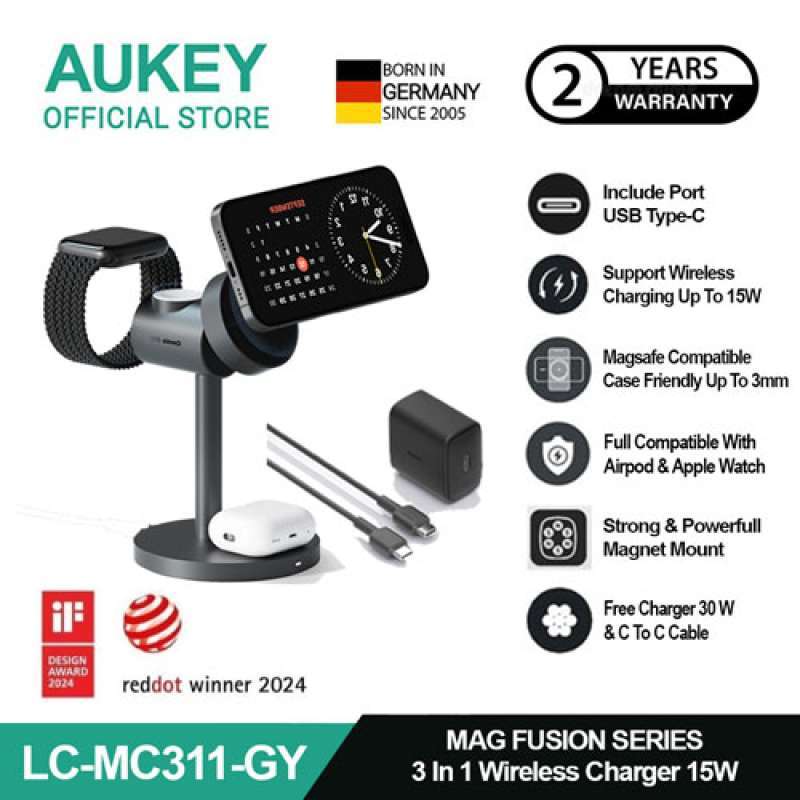 Promo Aukey Magnetic Wireless Charger 15w 3 In 1 Mfi With Port Type C Lc-mc311 Diskon 30% Di ...
