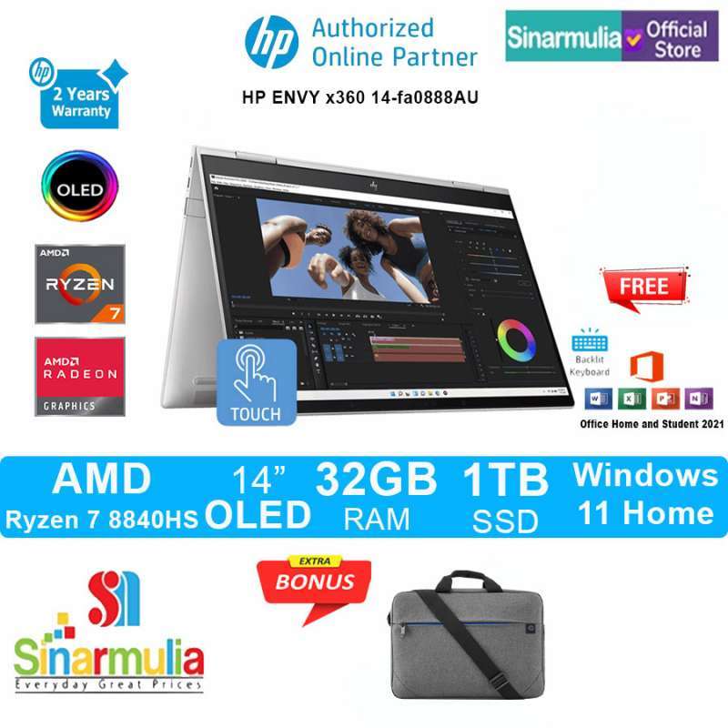 Promo Hp Envy X360 14-fa0888au Ryzen 7 8840hs 1tb Ssd 32gb Oled 2.8k Touch Win11+ohs Diskon 4% ...