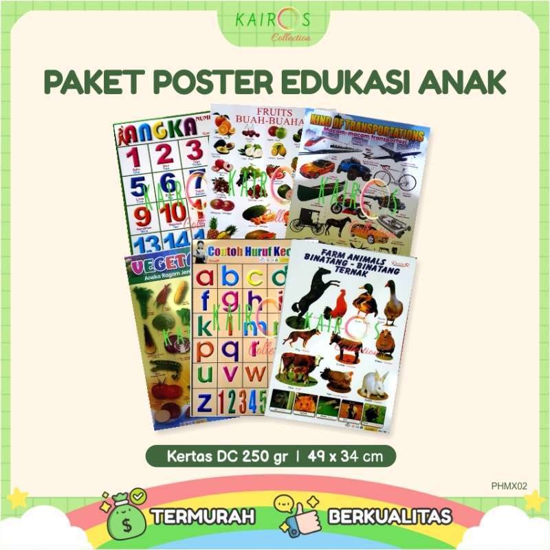 Jual Paket 6 Poster Belajar Anak Edukasi Buah, Huruf Abc, Angka, Sayur ...