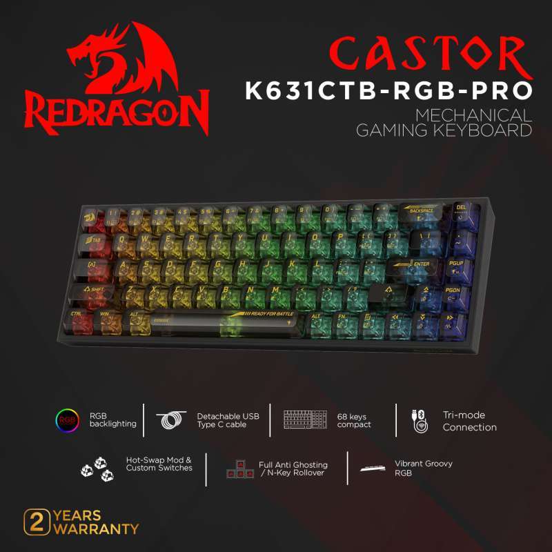 Jual Redragon Transparent Mechanical Gaming Keyboard 3 Mode Castor - K631ct - K631ctb-rgb-pro Di ...