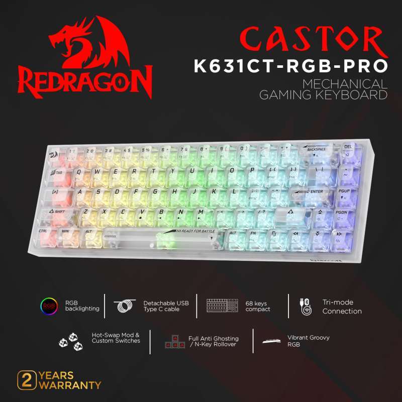 Jual Redragon Transparent Mechanical Gaming Keyboard 3 Mode Castor ...