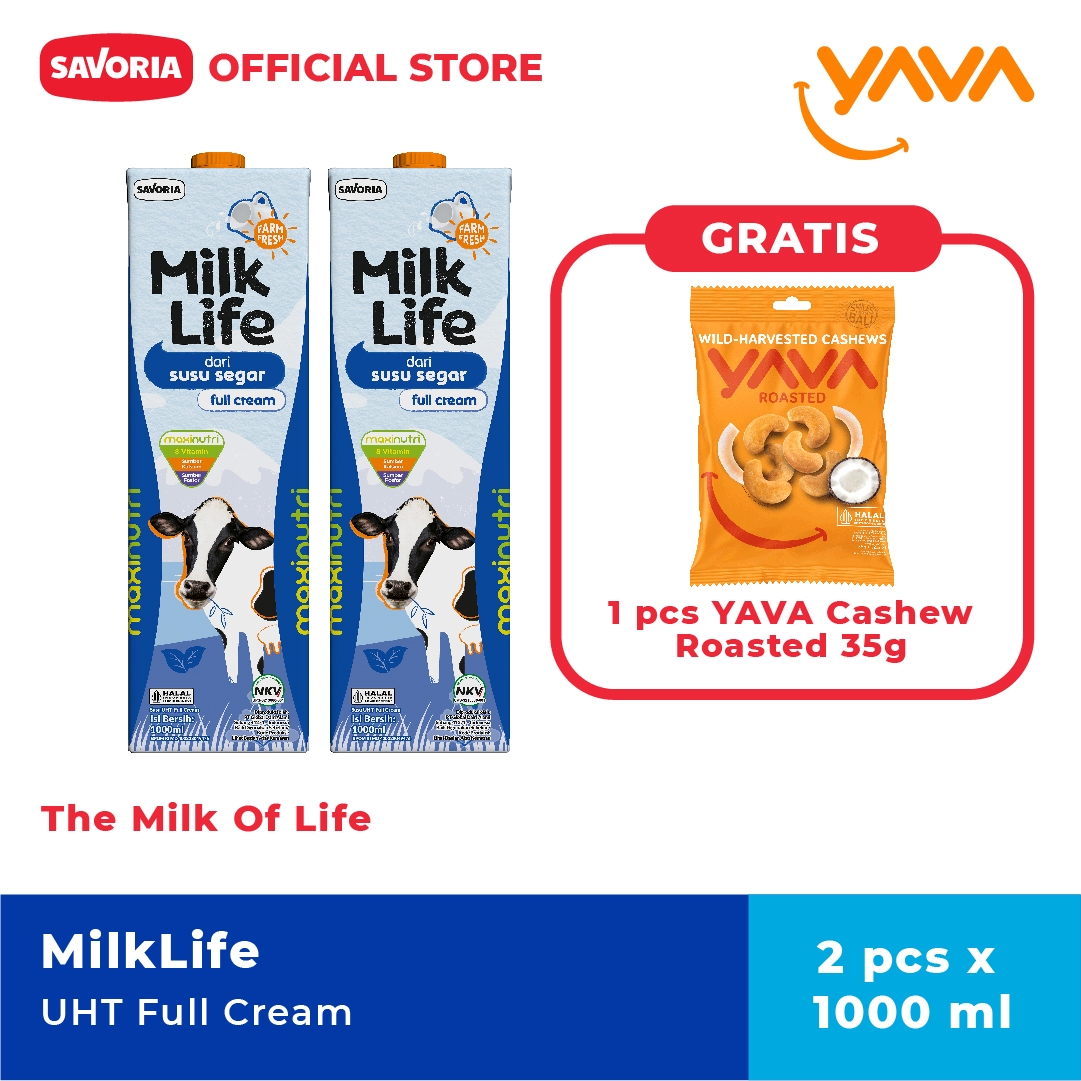 Promo Bundling 2 Milklife Uht Full Cream [1000 Ml X 2 Pcs] Free Yava Cashew Roasted 35gr Diskon ...