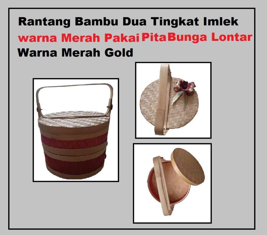 Jual Rantang Bambu Dua Tingkat Imlek Warna Merah Pakai Pita Bunga ...
