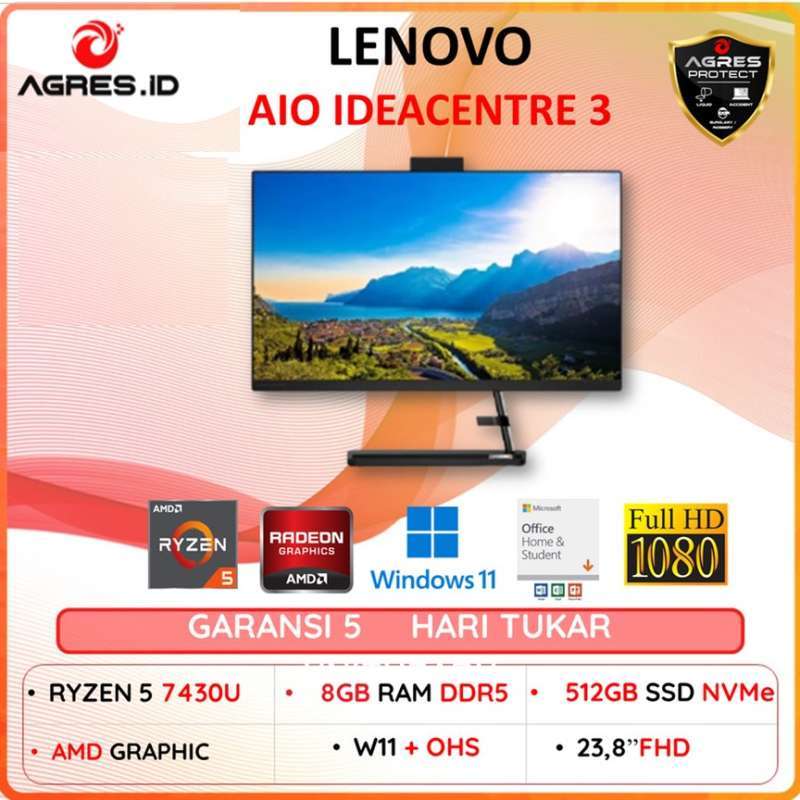 Promo Lenovo Aio Ideacentre 3 24 Ryzen 5 7430u 8gb 512gb W11+ohs 23.8fhd Ips -15id - Hitam ...