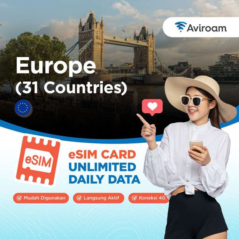 Jual Aviroam Esim Travel Europe (31 Countries) Unlimited Daily Data - 2gb/ Day + Unlimited 10 ...